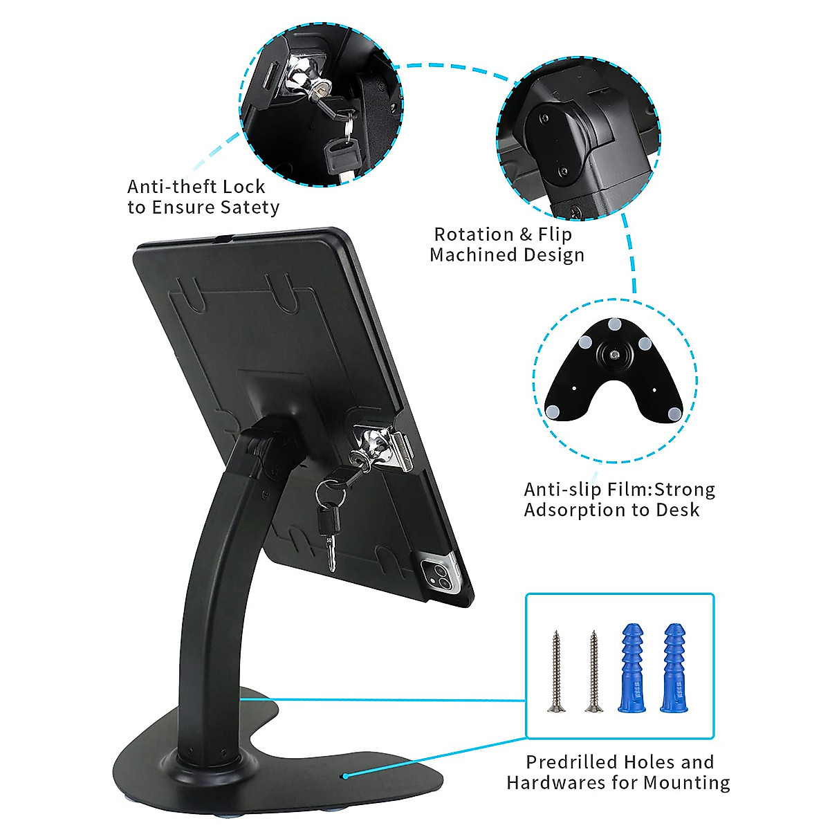 CarrieCathy Desktop Wall Mount Anti-Theft Security Kiosk POS Stand Holder Enclosure for 2022 2021 2020 2018 iPad Pro 12.9", Flip & 360° Swivel Design