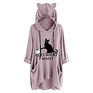 Gesaofa I Do What I Want Cat Graphic Hoodies for Women Irregular Hem 3/4 Sleeve Cat Ear Hooded Tunic Tops with Pockets Women Tunic with Cat Hoodies Tunic with Cat Ear Hoodies Cat Ears Pink Hoodies