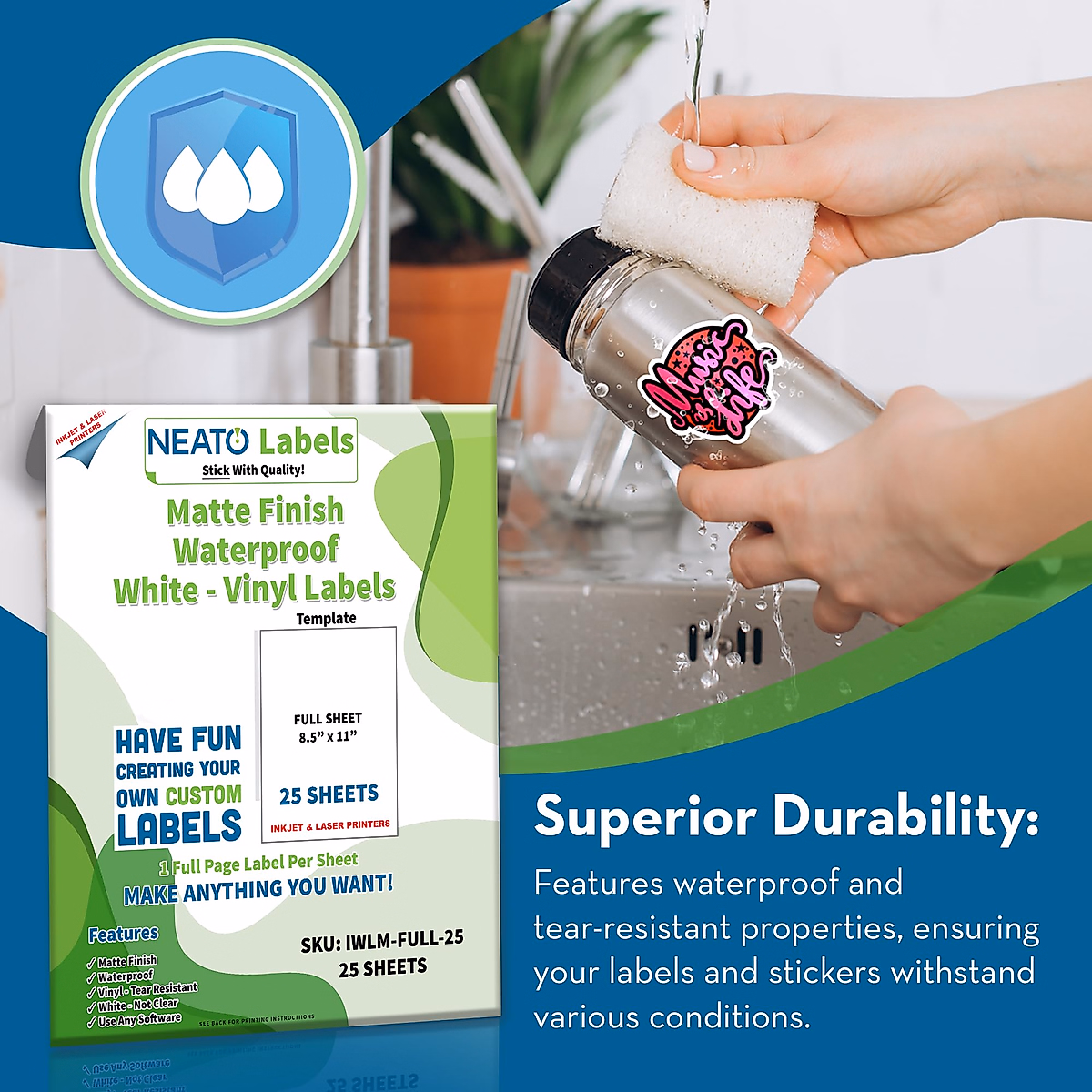 Custom Printable Matte Vinyl Stickers - 25 Sheets - Waterproof, Tear Resistant Full Sheet Label for Inkjet & Laser Printers & All Cutting Machines - 8.5 x 11" - Customizable Blank White Stickers