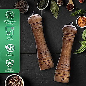 Wooden Salt and Pepper Grinder Set - Adjustable Ceramic Rotor - Refillable Salt and Pepper Mill Set - Pack of 2 – 8 inch - Heat Resistant- Food grade- Eco-friendly, Brown