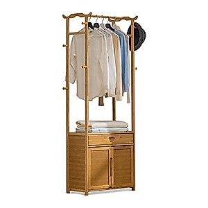 MoNiBloom Bamboo Free Standing Closet Organizer with Drawer, Clothing Rack with 1 Shelf, 1 Hanging Rods, 8 Hooks & Storage Cabient for Bedroom Living Room Office, Natural