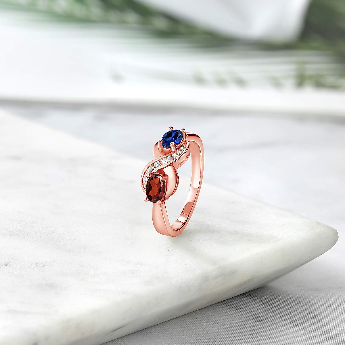 Gem Stone King 18K Rose Gold Plated Silver Personalized and Customized 2-Stone 6X4MM Oval Gemstone Birthstone and White Created Sapphire Anniversary Promise Ring For Women (Size 9)
