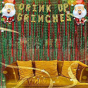 Christmas Party Decorations - Gold Drink Up Grinches Balloons Banner, Red and Green Foil Fringe Curtains Party Photo Backdrop for Xmas Holiday Party Decorations