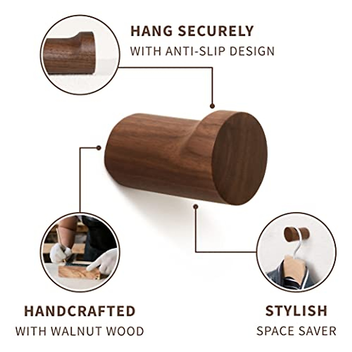 NAUMOO Natural Wooden Wall Hooks - Pack of 4 - Wall Mounted Modern Hook - Handmade Decorative Wood Coat Pegs - Minimalist Hooks for Hanging Hat, Coats (Black Walnut Wood)