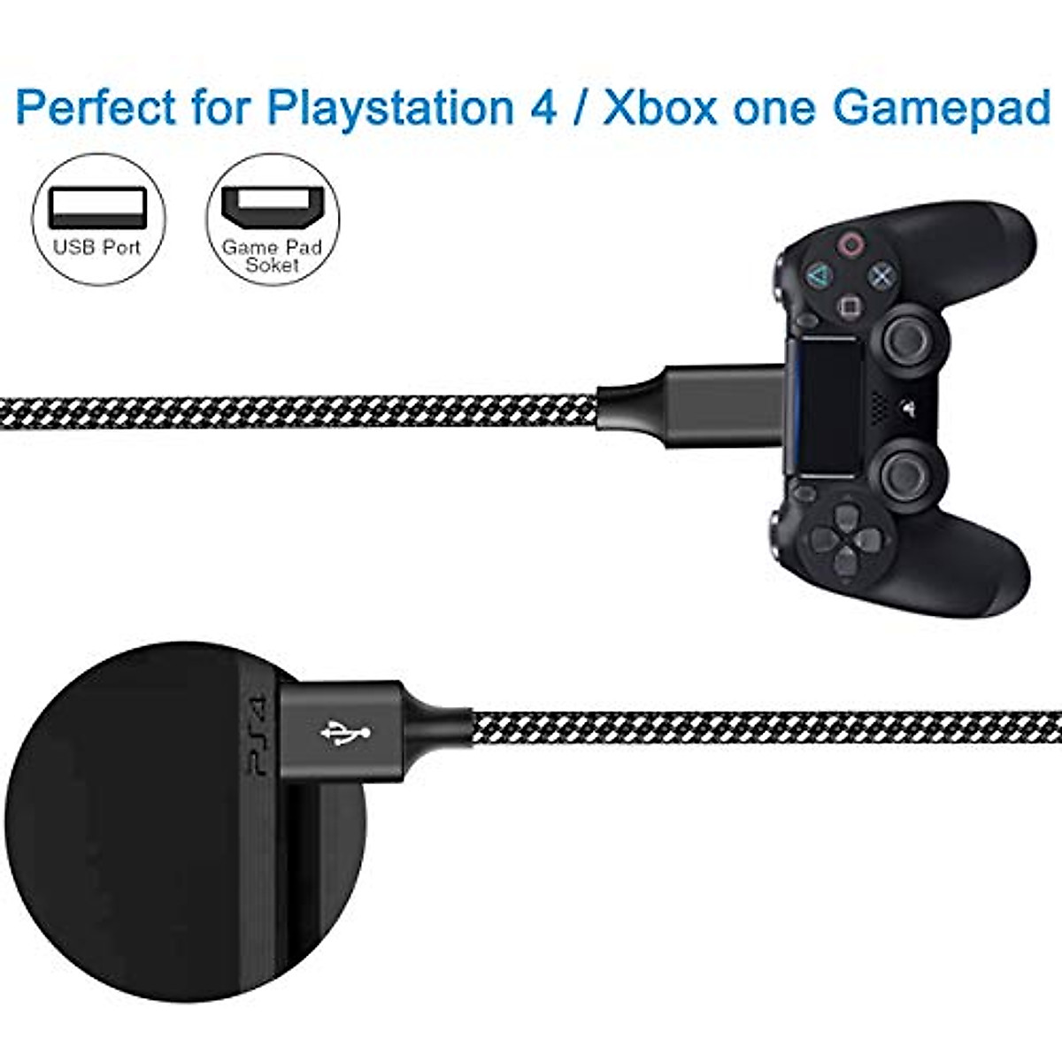 PS4 Controller Charger Cable 3-Pack 6FT for Xbox One Controller,Dualshock 4,PS4 Charging Cord,Nylon Braided Micro USB Data Sync Cable for Xbox One S/X,Playstation 4,PS4 Slim/Pro,Charge and Play Wire