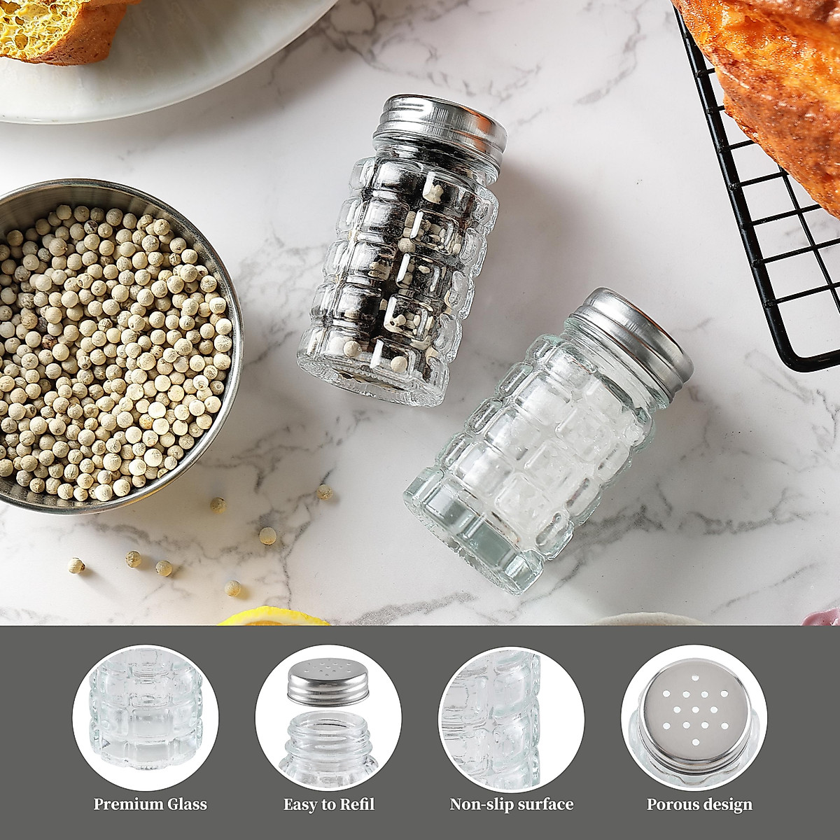 Salt and Pepper Shakers, JJOO Glass Salt Shaker with Stainless Steel Tops (Retro Sytle, 40ml)