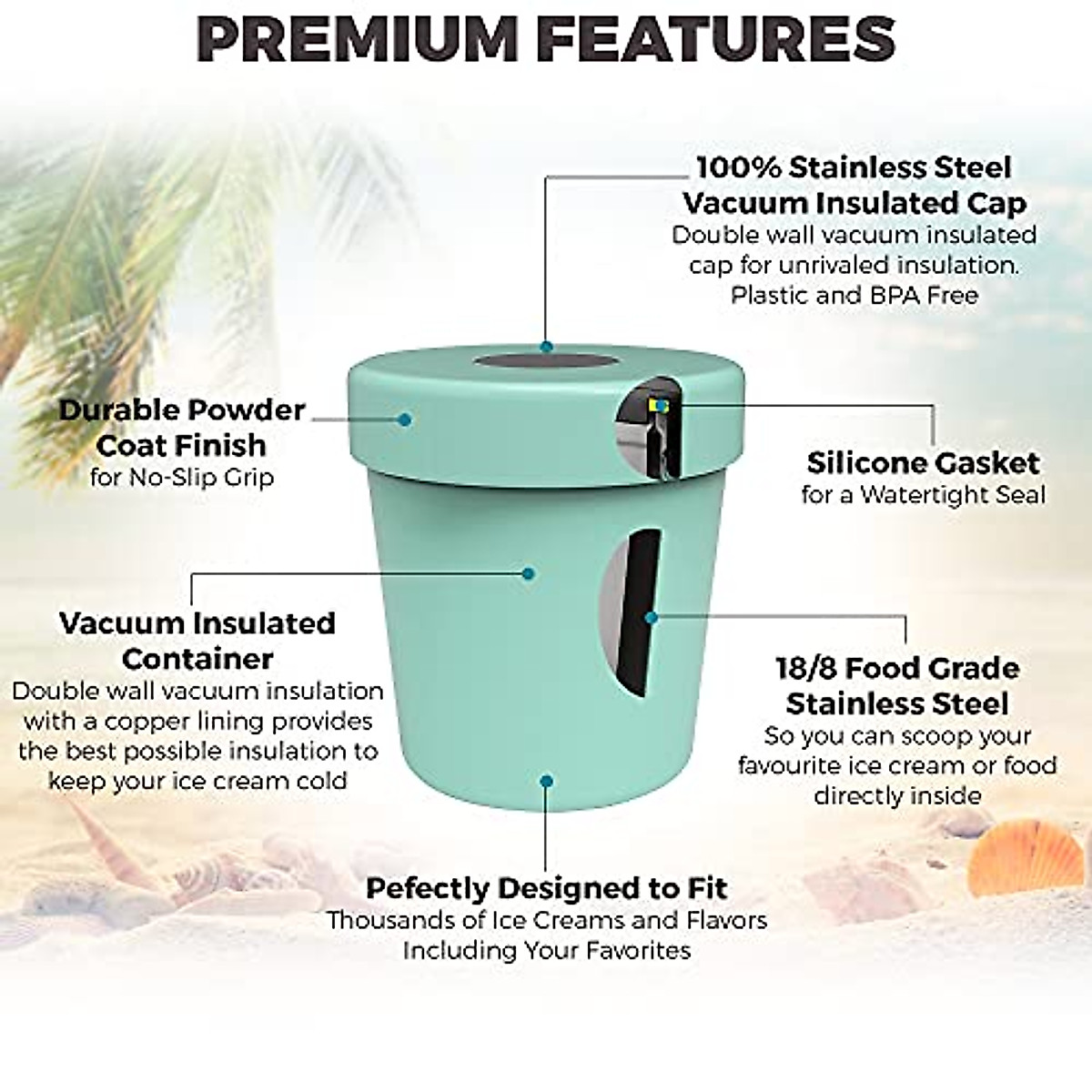 The Ice Cream Canteen Vacuum Insulated Double Wall Stainless Steel Thermos Container for the pint of ice cream enjoy ice cream anywhere (Mint Green)