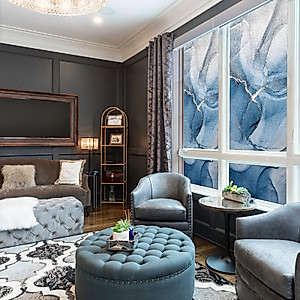 BoeHiop Window Privacy Film, Abstract Blue Ink Marble Texture Frosted Window Clings, Decorative Glass Covering Decals, Non-Adhesive Vinyl, 17.7 x 23.6 in