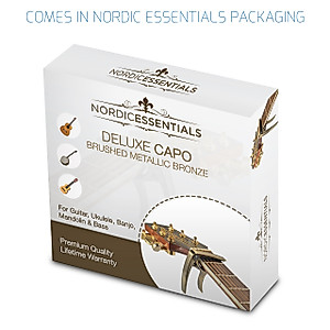 Guitar Capo Deluxe for Guitars, Ukulele, Banjo, Mandolin, Bass -Made of Premium Quality Zinc Alloy for 6 & 12 String Instruments- Luxury Accessories Nordic Essentials&trade (Bronze)