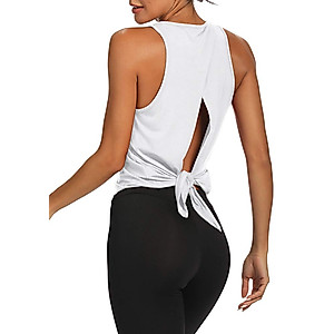 Bestisun Open Back Workout Tops Tie Back Exercise Athletic Dance Running Shirts White M