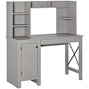 HOMCOM Farmhouse Computer Desk with Hutch and Cabinet, Home Office Desk with Storage, for Study, Light Grey