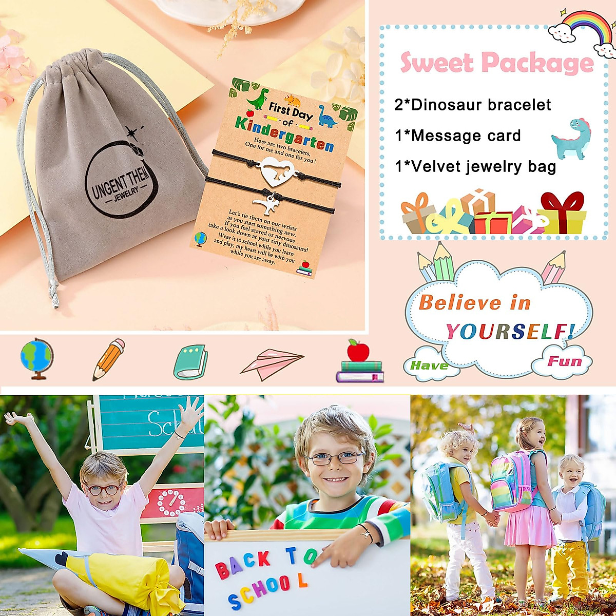 UNGENT THEM First Day of Kindergarten Bracelet Mommy and Me Back to School Stuff Mother Son Dinosaur First Day of School Bracelets Mom and Son Back to School Gifts for Boys