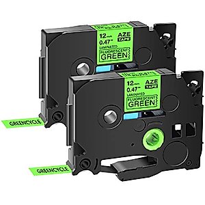 GREENCYCLE Compatible for Brother TZ TZE D31 TZe-D31 AZE D31 0.47 Inch 1/2" Black on Fluorescent Green Laminated Label Tape 12mm x 5m for PTD210 D400AD D600 PTH100 PTH110 PT1290 PT-1230PC, 2 Pack