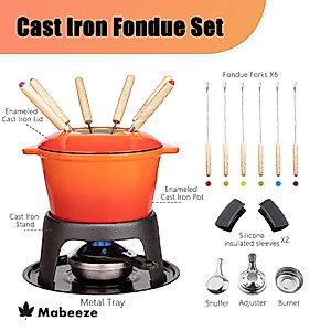 Mabeeze Cast Iron Fondue Set for Cheese, Chocolate or Meat - Includes Enameled 1.6 Qt Pot, 6 Fondue Forks, Burner, Stand, Base and Mitts