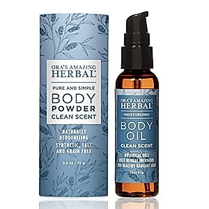 Natural Body Powder and Oil Set, Dusting Powder, Body Oil, No Talc, Corn, Grain, Gluten, Clean Scent Powder 2.5 oz with Travel Size Clean Scent Oil 2 oz, Ora's Amazing Herbal