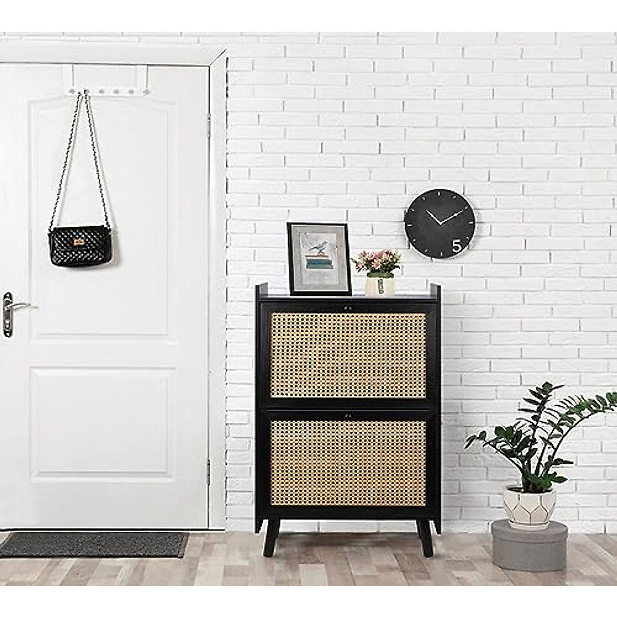 ZYBT Black Entryway Shoe Storage Organizer, Wooden Shoe Rack for Door, Free Standing Shoe Racks for Entryway, Shoe Storage Cabinet for Entryway Slim, 2 Flip Drawers Rattan Shoe Organizer