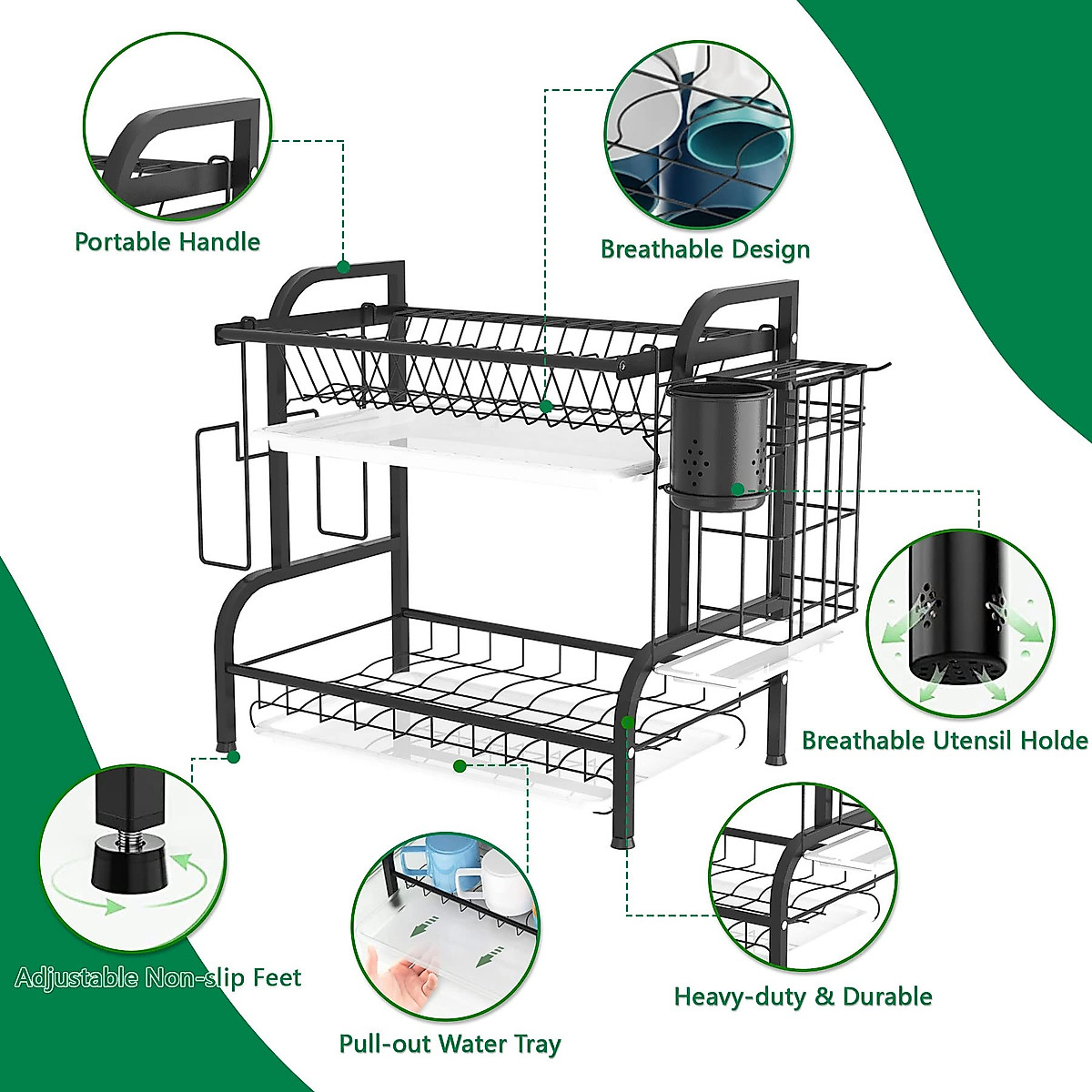 C&AHOME 2-Tier Dish Drying Rack, Large Capacity Stainless Steel Dish Drainer with Utensil Holder, Knife Holder, Cutting Board Holder, 3 Removable Drain Board and Adjustable Feet for Kitchen Black