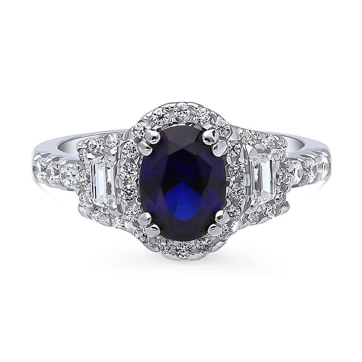 BERRICLE Sterling Silver 3-Stone Simulated Blue Sapphire Oval Cut Cubic Zirconia CZ Halo Fashion Ring for Women, Rhodium Plated Size 8.5