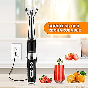 Cordless Immersion Blender: 4-in-1 Cordless Hand Blender Rechargeable, 21-Speed & 3-Angle Adjustable with 304 Stainless Steel Blades, Chopper, Beaker, Whisk and Beater for Milkshakes | Smoothies | Soup| Puree | Baby Food (Black)