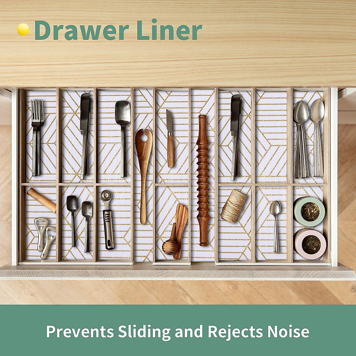 Shelf Liners for Kitchen Cabinets 12in x 20FT, Non Adhesive Cabinet Liner Strong Non-Slip Thickened Gold Geometric Drawer Liner, Easy to Clean for Shelf, Cabinet with Knife and Tape Measure