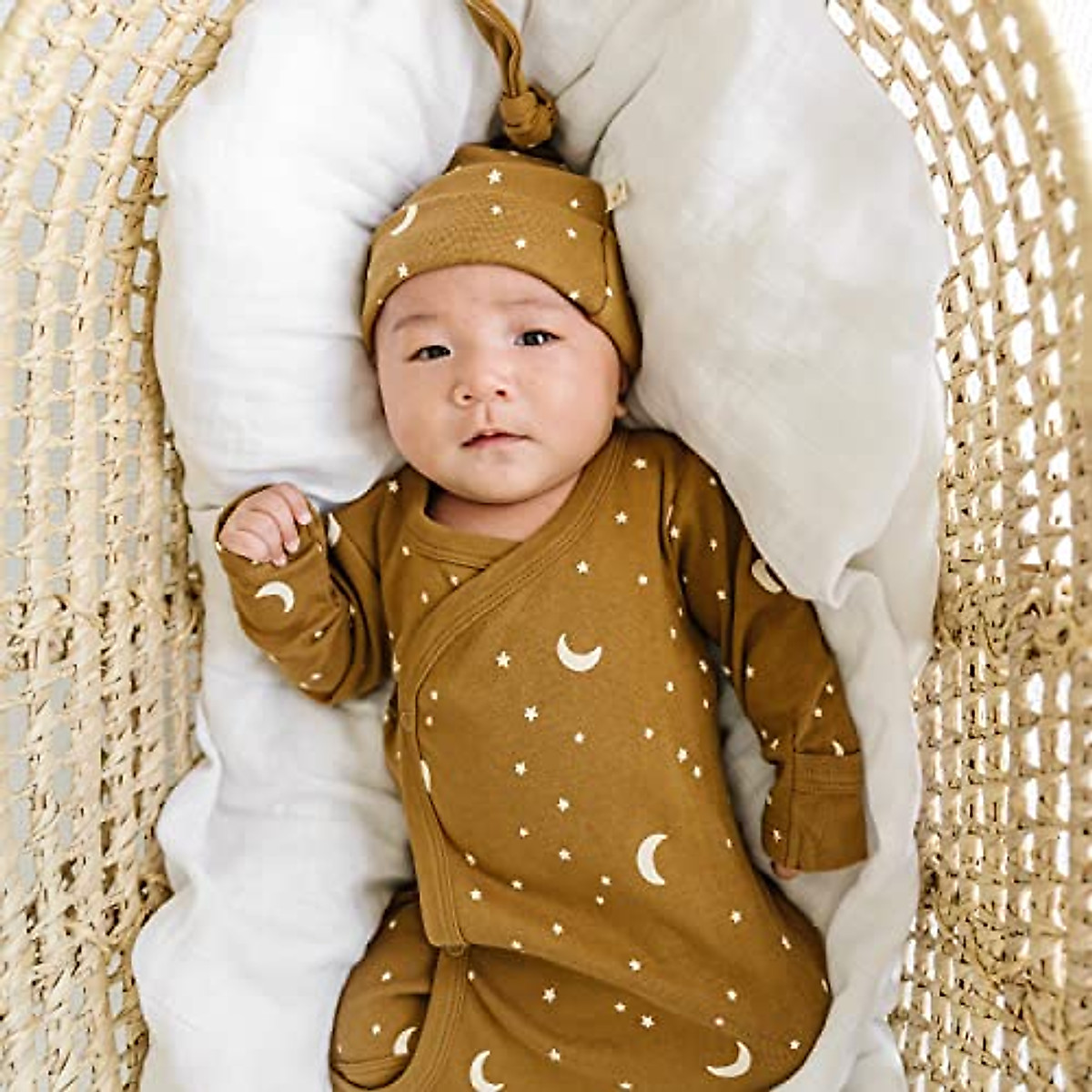 MakeMake Organics GOTS Certified Organic Cotton Kimono Knotted Blanket Tie Swaddle Hat Set Mittens Baby Boys Girls (Moonlight, 0-3 Months)