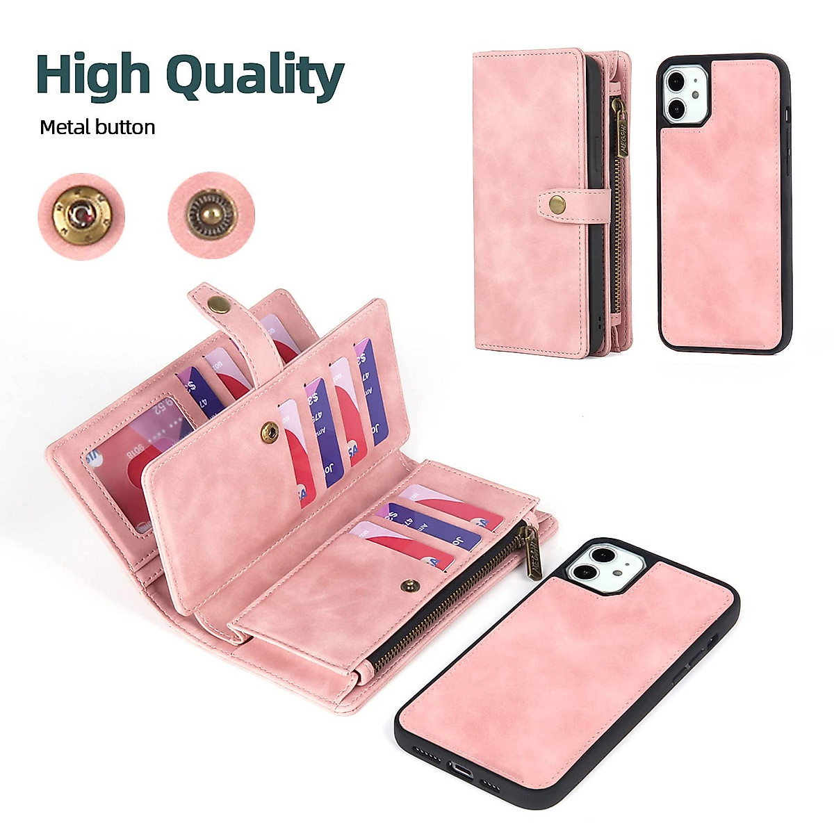 TwoHead for iPhone 11 Wallet case with Card Holder & Detachable Magnetic Phone case, PU Leather case Wallet for Women/Men,Wallet Phone Case (Pink)
