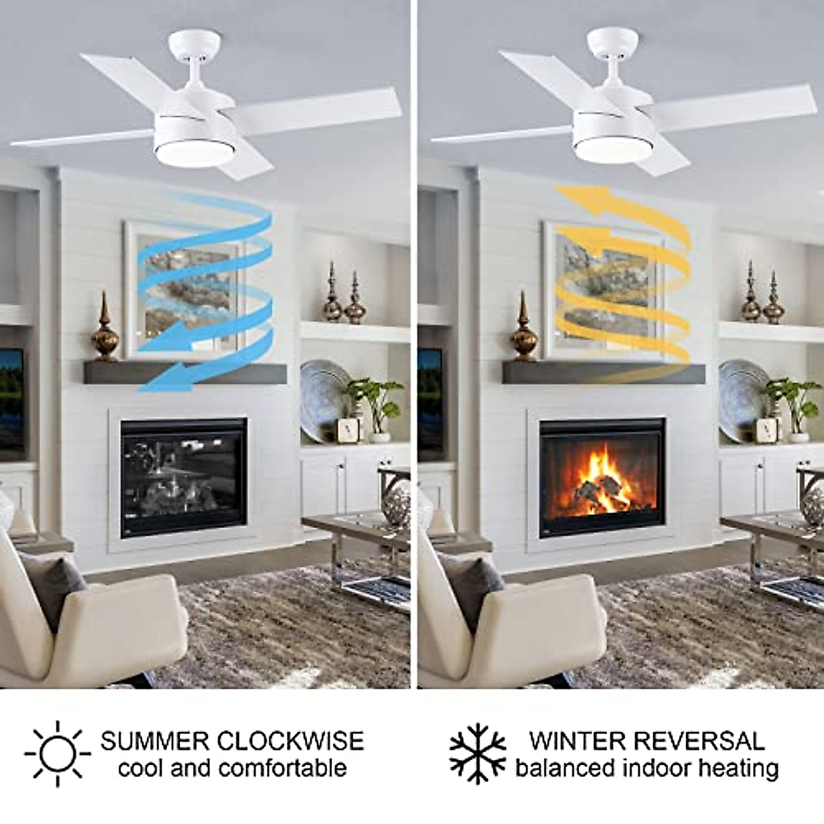 SNJ 44 inch White Ceiling Fans with Lights and Remote, Wood Grain, Low Profile, Modern, Ceiling Fan, Bedroom, Indoor, Outdoor, Home, Fandelier, LED, Dimmable, Tri-Color Temperature, Quiet Reversible