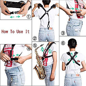 Rayzm Saxophone Strap, Universal Double Shoulder Leather Strap for Sax, Adjustable Padded Harness Strap for Alto Tenor Soprano Baritone Saxophone (Large Size)