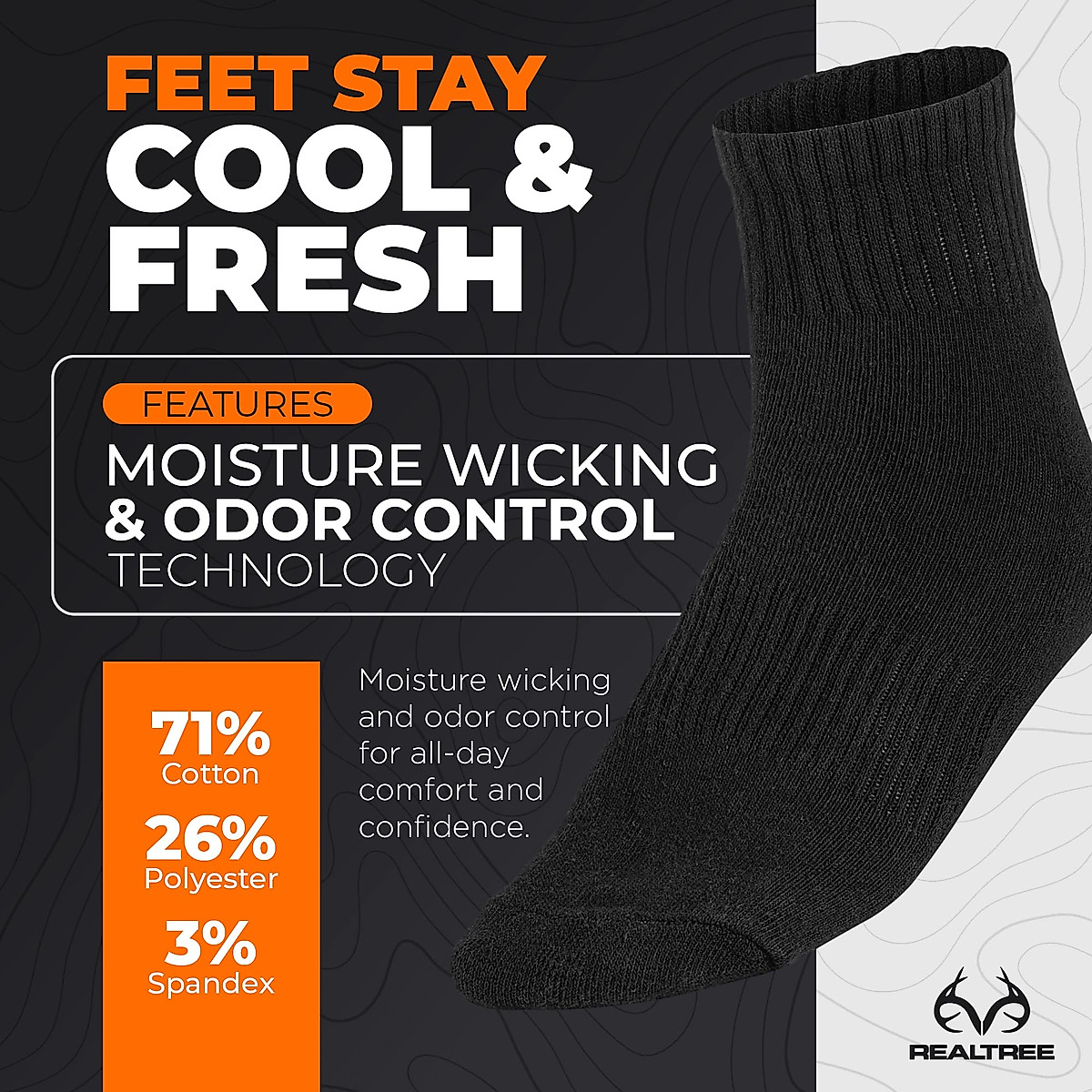 Realtree Comfort Dry Cushioned Crew Black Mens Socks Size 6-12 (Ankle)