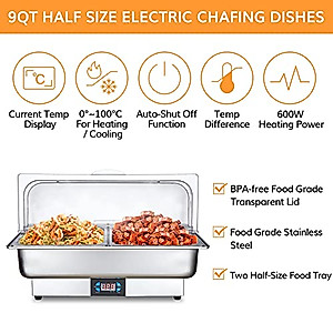 Electric Chafing Dish 9 QT Adjustable 0°C~100°C Roll Top Half Size Auto ShutOff Stainless Steel Buffet Servers and Warmers, Temp Display Programmable Food Warmer Transparent Lid Chafers for Catering