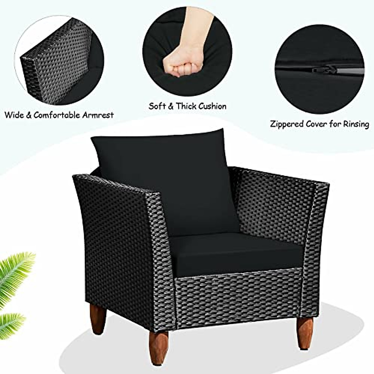 LIRUXUN 3PCS Outdoor Patio Rattan Furniture Set Wooden Table Top Cushioned Sofa Black Coffee Table (Color : D)