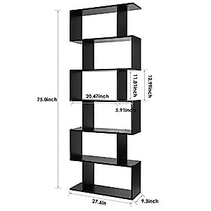 Function Home Geometric Bookcase Wood, S Shaped Bookshelf 6-Tier, Modern Freestanding Multifunctional Decorative Storage Shelving Display Shelves, Black Book Shelf Tall Narrow for Bedroom Living Room