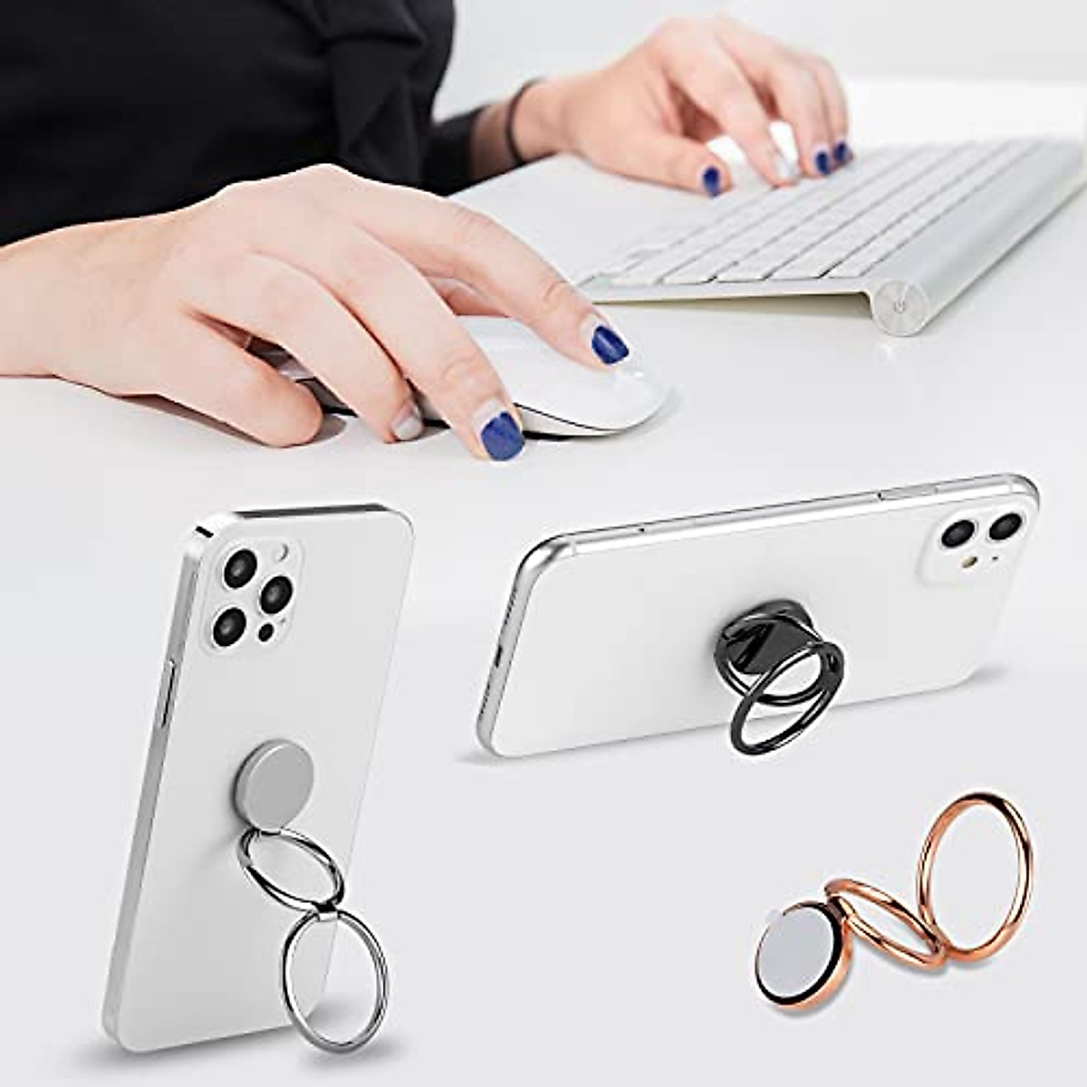 Double Ring Cell Phone Holder Stand, Universal Metal Phone Grip Talk Finger Ring Kickstand Round Mount for Magnetic Car Mount Compatible Smartphone Glossy(Rose Gold), diameter 3.5cm