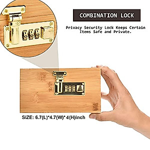 Bamboo Box with Combination Lock Decorative box for Home Locking Storage Bamboo Box Set with Glass Jar Tray Great Gift (M)