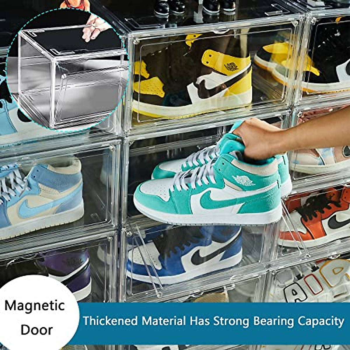 12 Pack Shoe Boxes, Clear Acrylic Stackable Plastic Sneaker Box Container, Magnetic Side Open Shoe Organizer Case For Man and Women (Transparency-12Pack-Side)