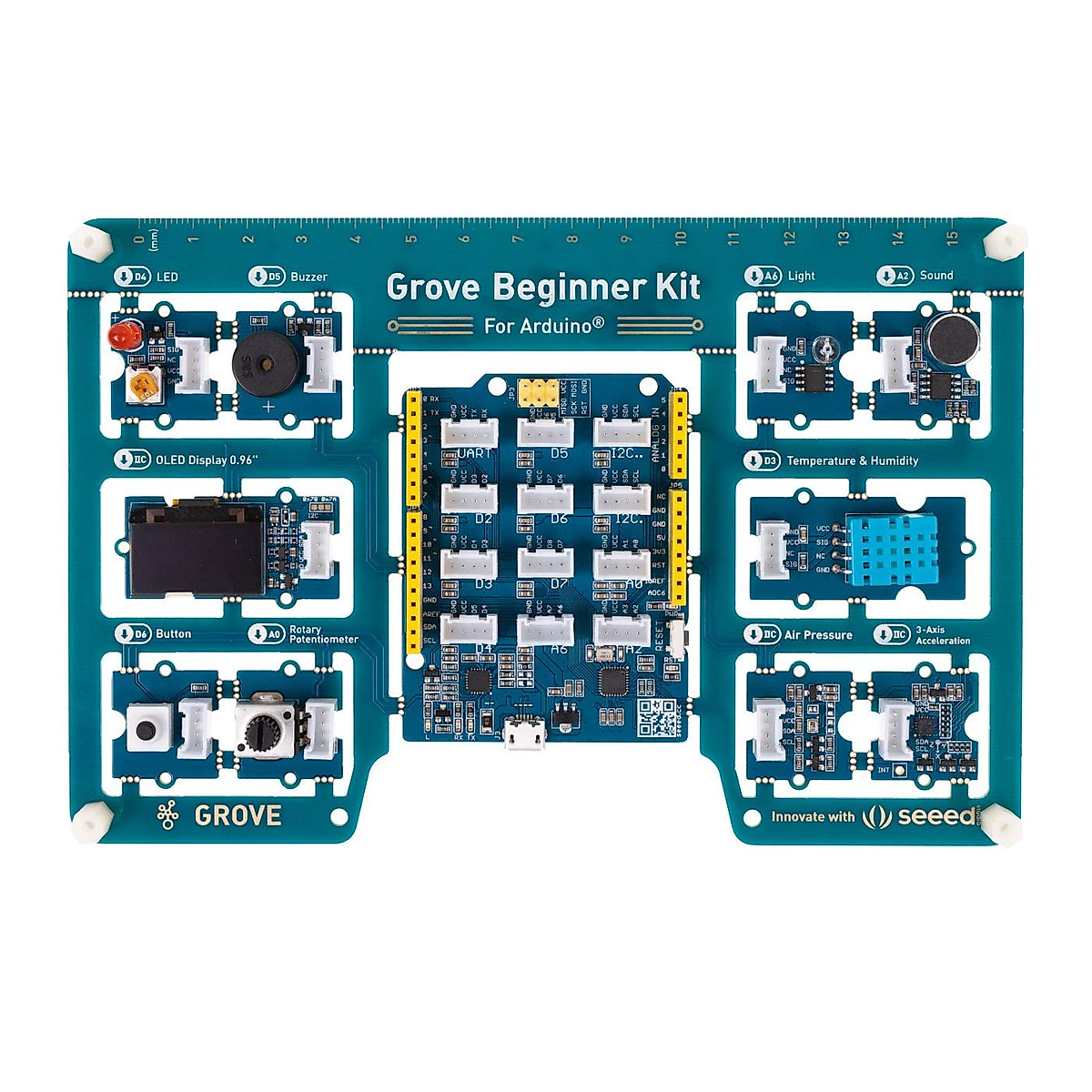 seeed studio Grove Beginner Kit for Arduino, Arduino Starter Kit All-in-one for STEAM Teaching, Arduino UNO Compatible Board with 10 Sensors and 12 Projects with Free Course.