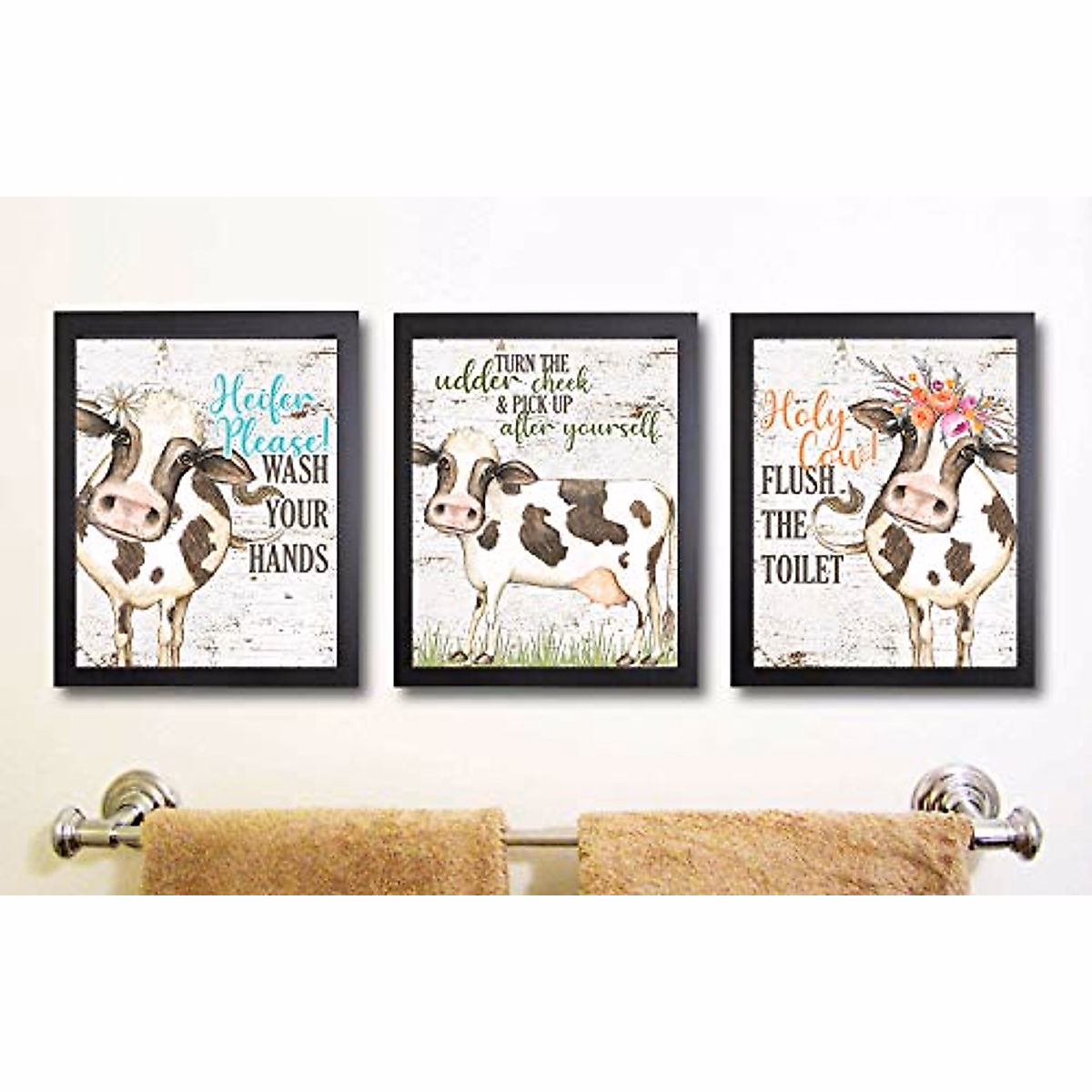 Silly Goose Gifts Heifer Please! Wash Your Hands - Fun Bathroom Rustic Farmhouse Decor Cow Wall Art Prints Wood Country Style Watercolor Design