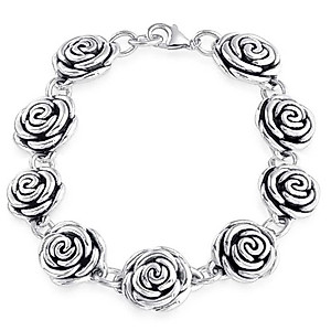 Savlano 925 Sterling Silver 17mm Italian Rose Link Chain Bracelet - 7.5 inch Hollow Flower Rose Bracelet for Women - Made in Italy Comes with Gift Box