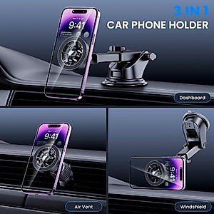 PGU for MagSafe Car Mount, [Strong Magnets] 3 in 1 Universal Magnetic Phone Holder for Car Dashboard/Windshield/Vent Car Phone Holder Mount for iPhone 14 13 12 Pro Max Plus Mini Android All Phones