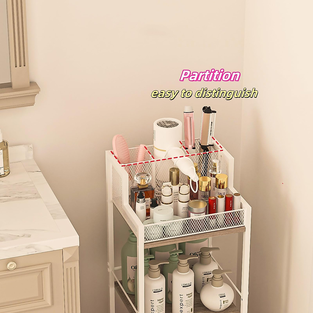 Eyteenokk 3 Tier Bathroom Floor Hair Dryer Rack,Freestanding Divided Tower Shelf,Multifunctional Shelving Unit,Bathroom Display Shelf