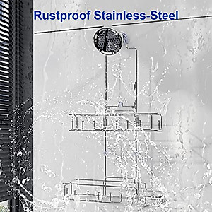 Neahom Adjustable Hanging Shower Caddy Shelf, Hanging Over Shower Head Shower Caddy Bathroom Organizer, Rustproof Storage Shower Rack Holder with Soap Dish and Hooks for Towel, Razor and Sponge Silver