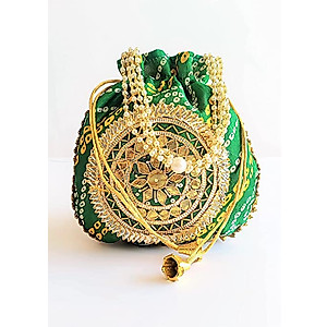 Potli Bag For Woman Ethnic Bandhej Polti Bag, Elegant Evening Wedding Party Purse For Women's BY PANACHE MERCHANT (Green)