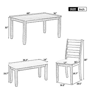 Merax 6-Piece Wooden Rectangular Dining Table Set with 4 Upholstered Chairs and Bench, Brown+Whitewash
