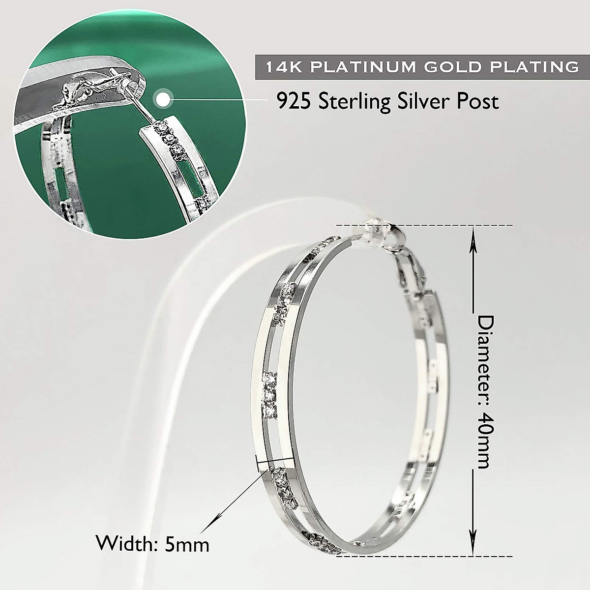 GANADARA Cubic Zirconia Hoop Earrings for Women - 14K Gold Plated 925 Sterling Silver Shiny Wide Round Hoop Earrings (Silver)