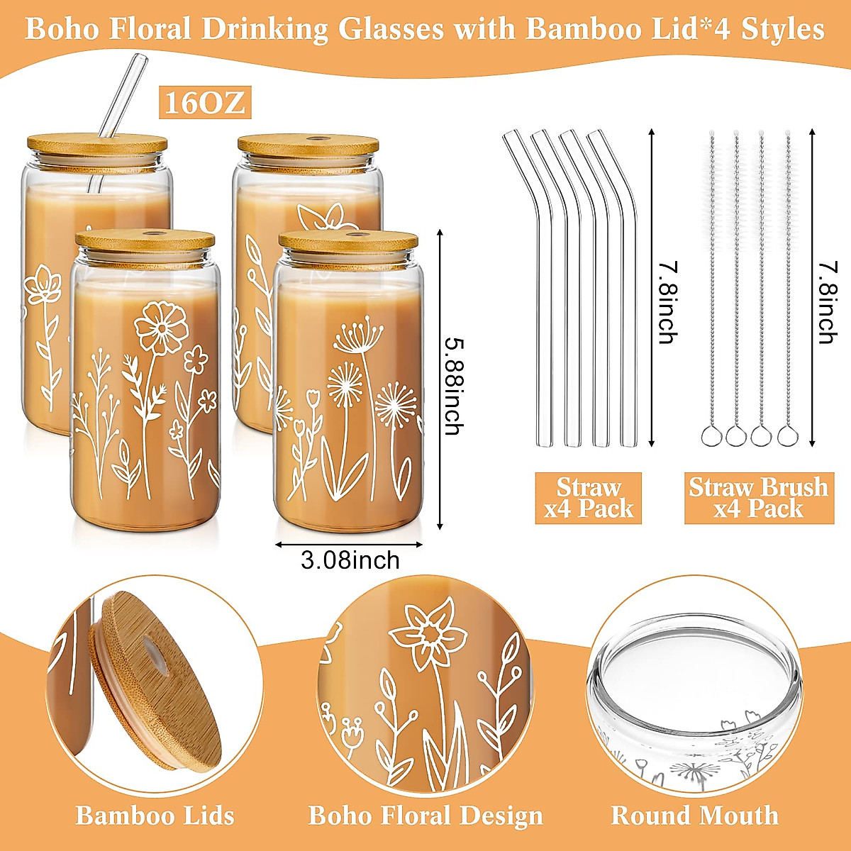 Mumufy 4 Pack Gift for Women Cute Glass Cups,aesthetic Iced Coffee Cup 16 oz Glass with Bamboo Lid and Straw Flower Coffee Mugs Birthday Gift for Friend Sister Her Bridesmaid Stuff Christmas(Clear)