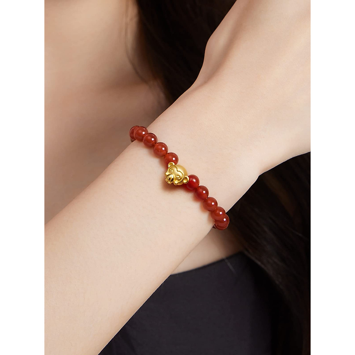 ZHOU LIU FU 24K Solid Gold Bracelets for Women, Stretchable Lucky Animals Real Gold Rabbit Bangle Charm Bracelets, Pure Gold Agate Beaded Zodiac Bunny Bracelet