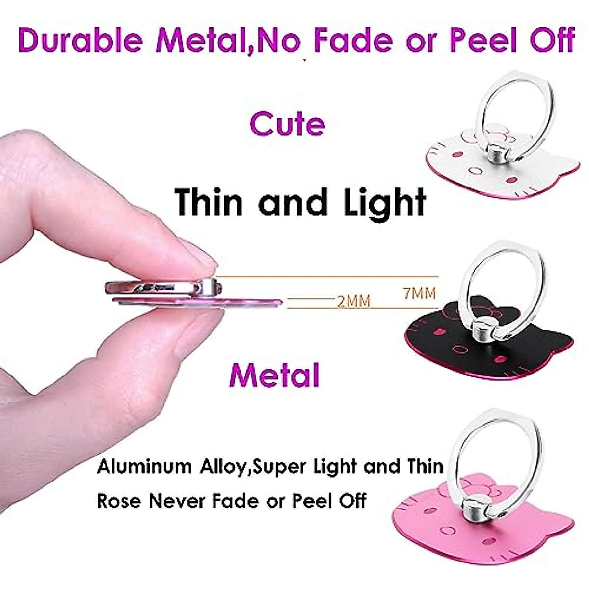 Cat Phone Ring Holder Cute Kitty 3 Pack,Fonessary Metal Finger Ring Grip Kickstand 360 Rotate for Smartphones