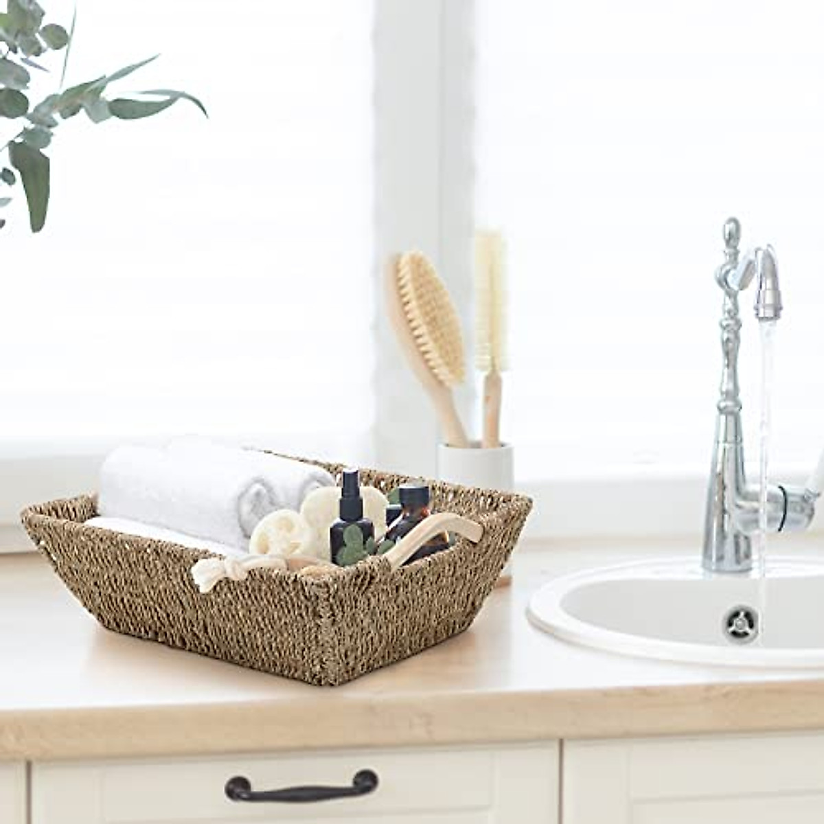 Graciadeco Hand Woven Seagrass Baskets with Wooden Handles Large Natural Shallow Wicker Storage Basket for Organizing Irregular Rectangle, 2 Pack