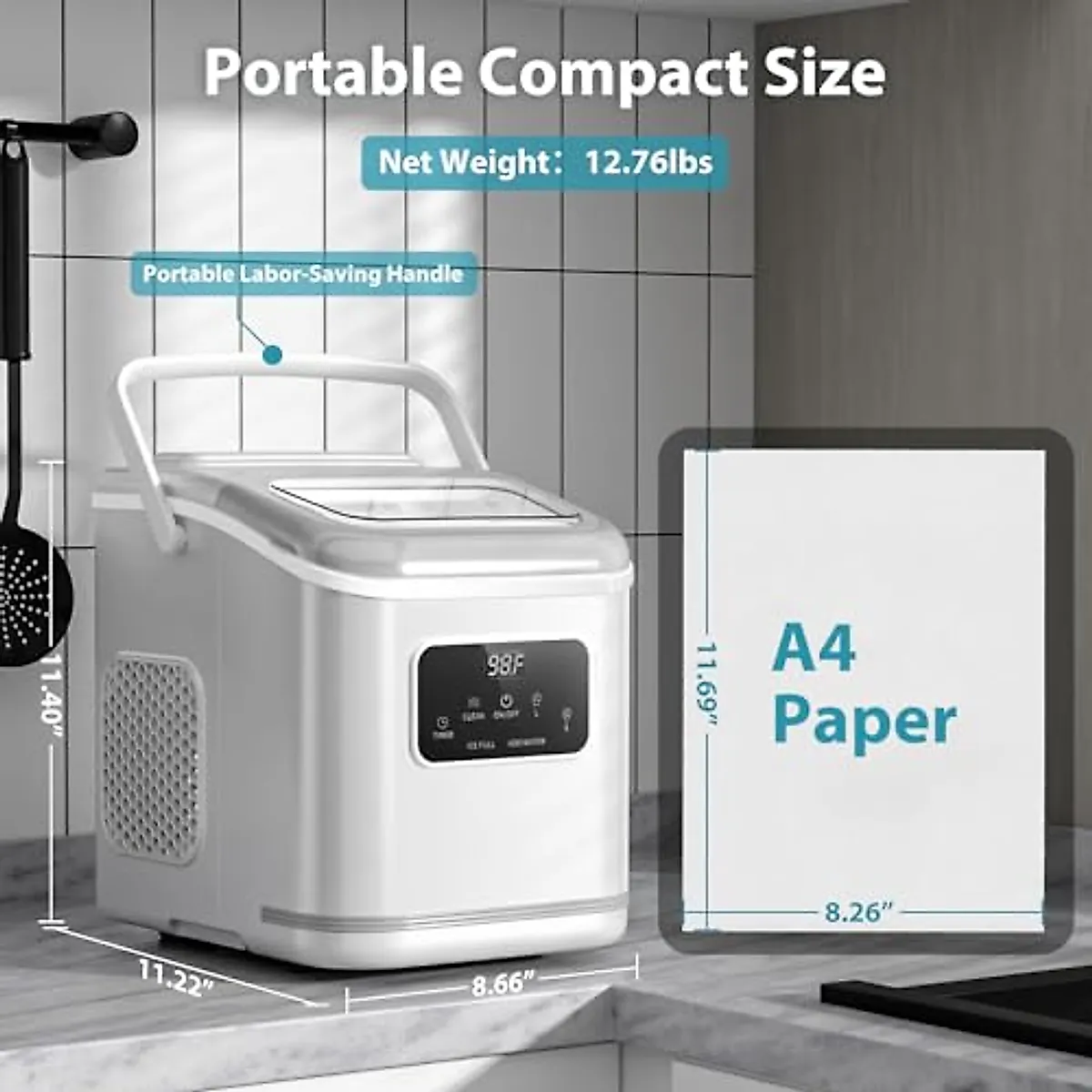 Electactic Ice Maker Machine countertop Self Cleaning Portable Compact Small Bullet Ice Maker with Digital Screen,9 Cubes in 6 Mins,26lbs in 24Hrs,for Camping Dorm Home Outdoor（White）