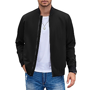COOFANDY Men Black Bomber Jacket Lightweight Casual Softshell Flight Windbreaker Outerwear Coat Black L